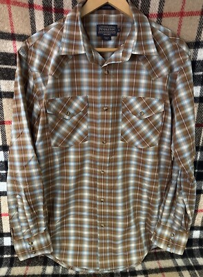 Pendleton Frontier Blue Brown Plaid Pearl Snap Long Sleeve Western ...