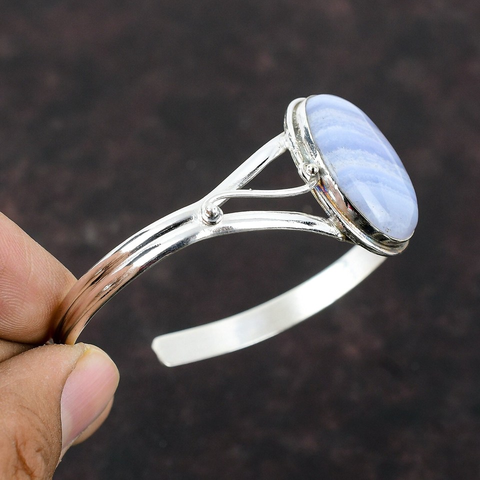 Blue Lace Agate Stone Mother Gift Anniversary Bezel Bangle Jewelry 925 ...