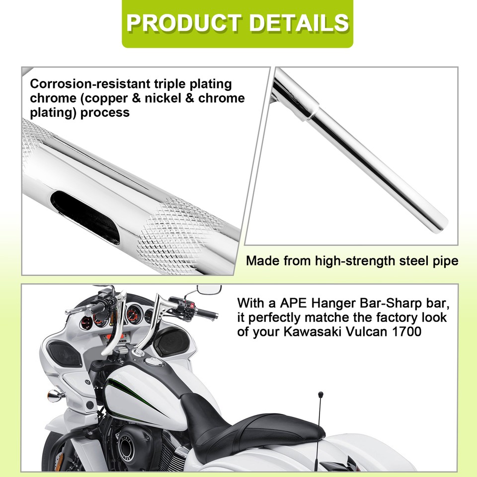 Chrome 12 Meathook Ape Hanger Handlebar for Kawasaki Vaquero Voyager ...