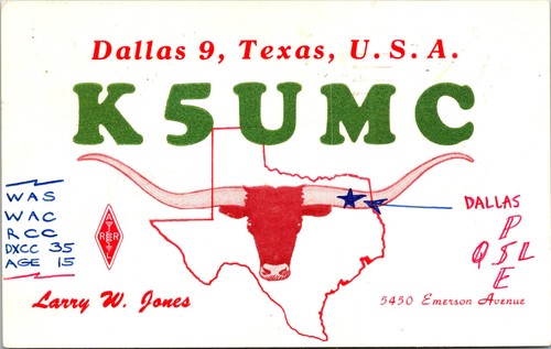 1960 K5UMC Larry W Jones Dallas Texas Ham Radio Amateur QSL Card ...