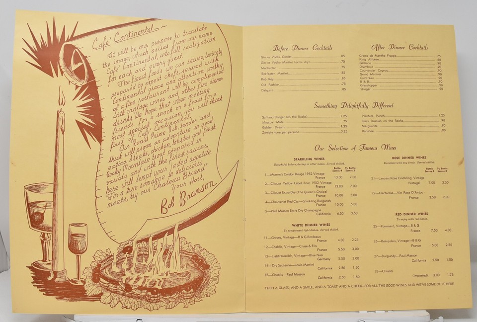 Vintage 1960s Cafe Continental Restaurant Menu Bob Branson Pueblo ...