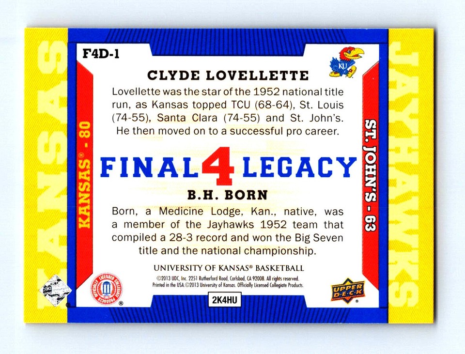 2013 Upper Deck University of Kansas Jayhawks Final 4 Legacy Lovellette ...