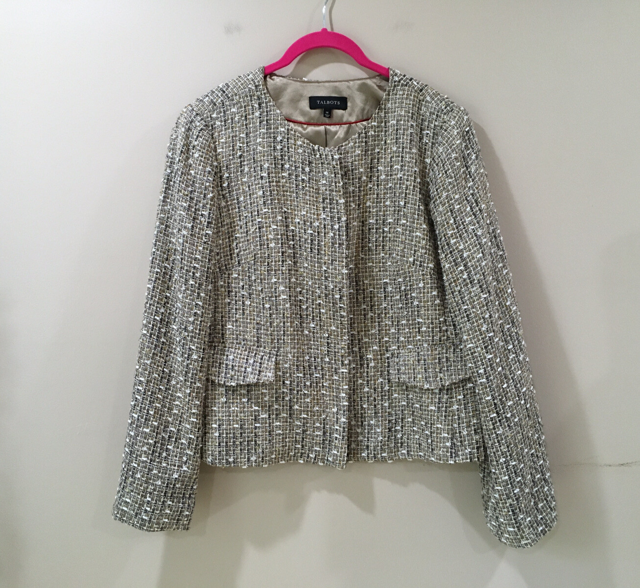 Talbots Tweed Jacket Zipper metallic gold beige holid… - Gem