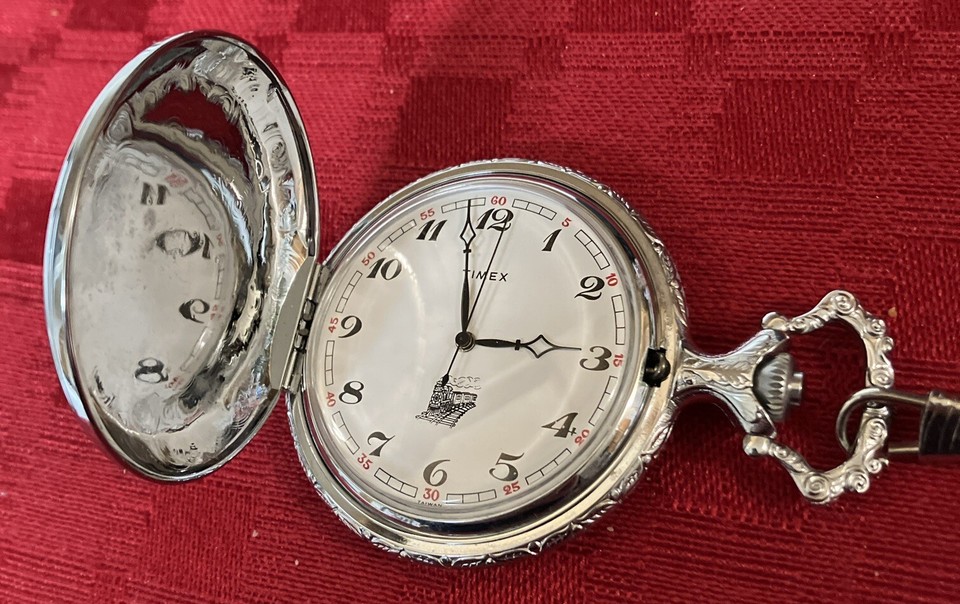 Timex Railroad Winding Pocket Watch Silver Tone Embossed Train Hunter ...