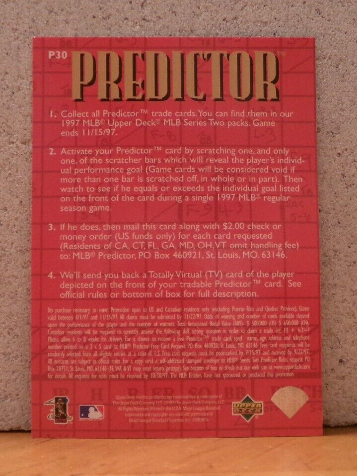 UPPER DECK 1997 BASEBALL CARD PREDICTOR ROGER CLEMENS TORONTO BLUE JAYS ...