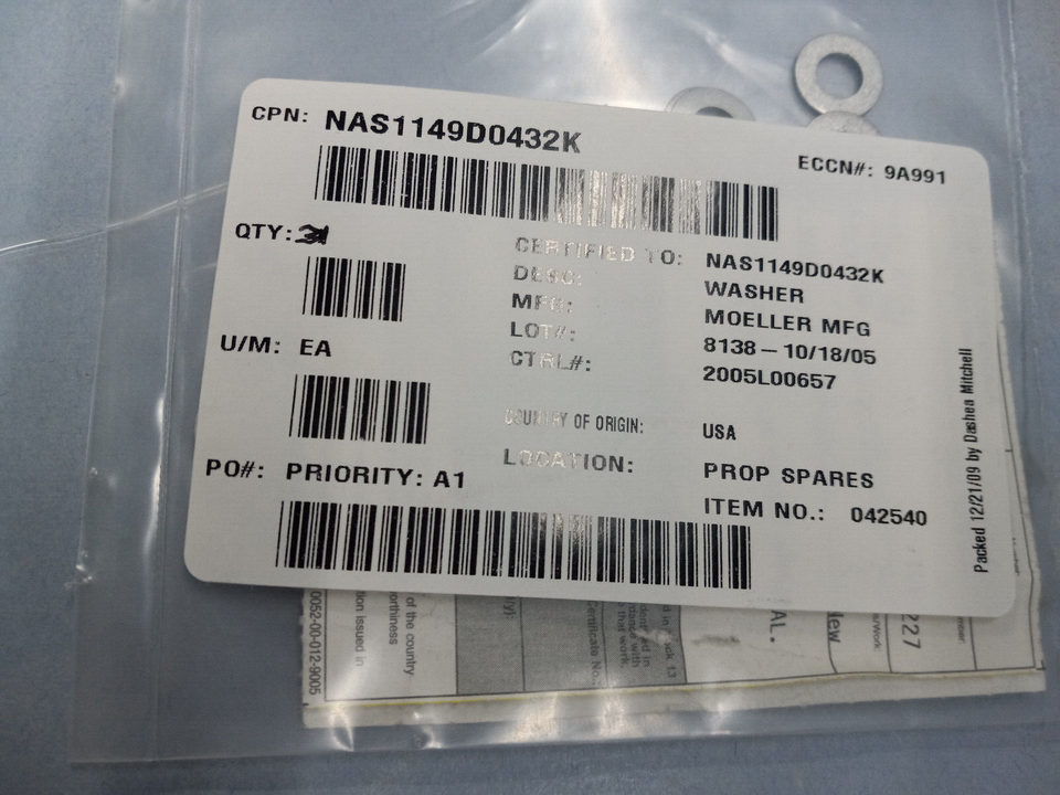 National Aerospace Standard P/N NAS1149D0432K Aluminum Washer, Flat (31 ...