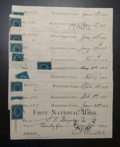 1883 USA LOT OF 7 OLD 1st NATIONAL BANK CHECKS REVENUE STAMPS HARTFORD ...