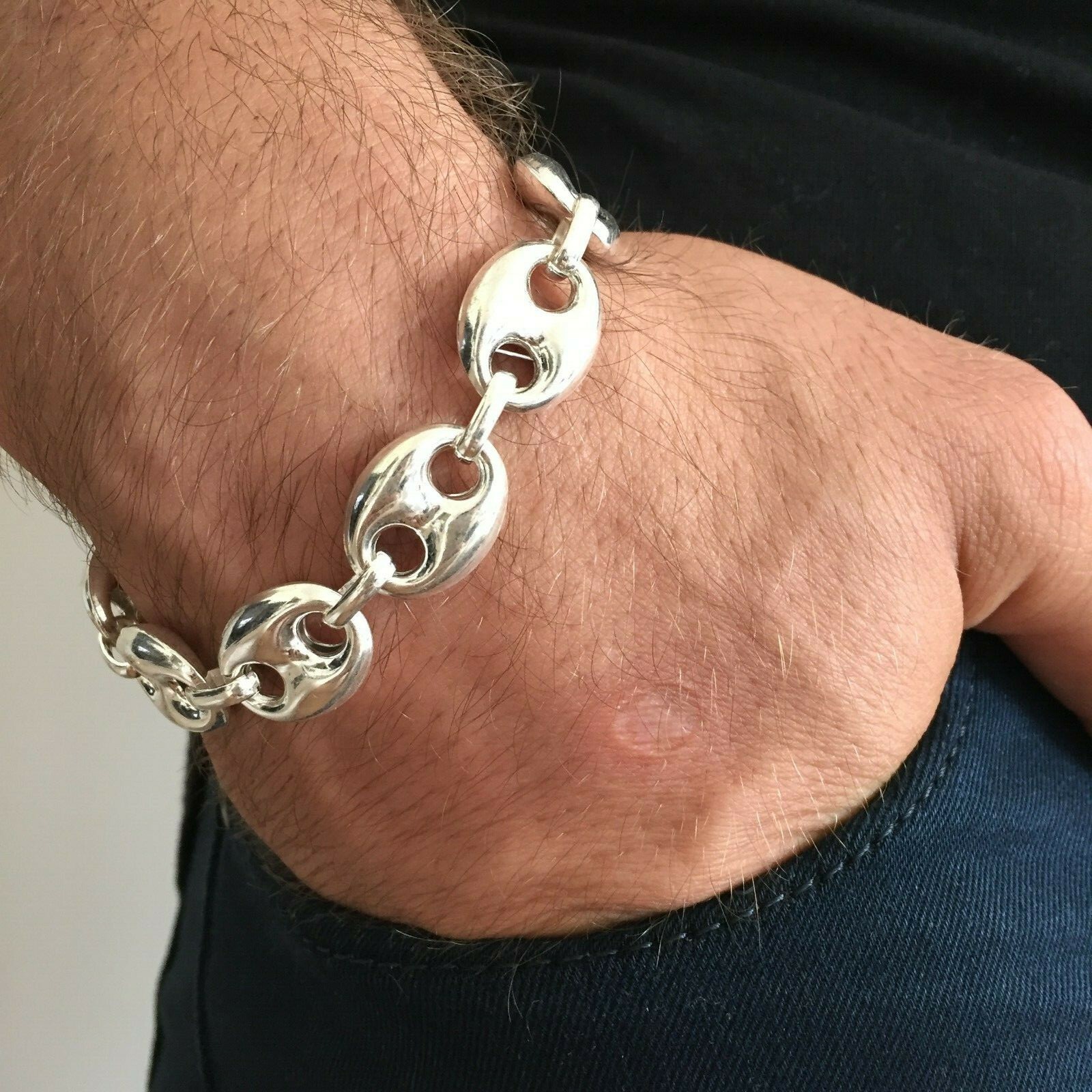 925 Sterling Silver Mens Mariner Puffed Link Chain Bracelet 9.05 Inch ...