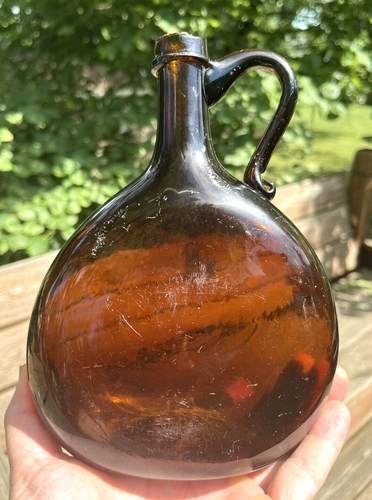 NICE AMBER HANDLED CHESTNUT WHISKEY FLASK OPEN PONTIL CRUDE 1850'S ERA ...
