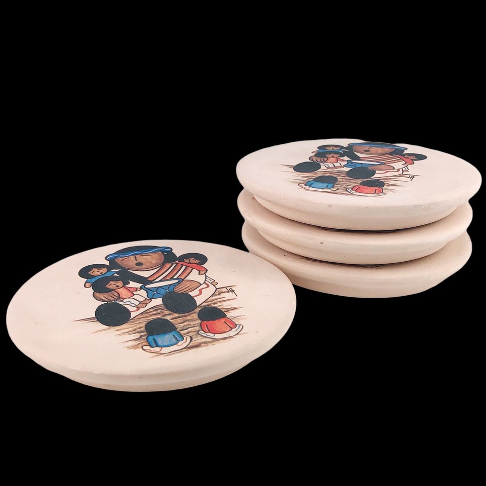 4 Native American Pueblo Storyteller Coasters Set Art Pottery Signed LA ...