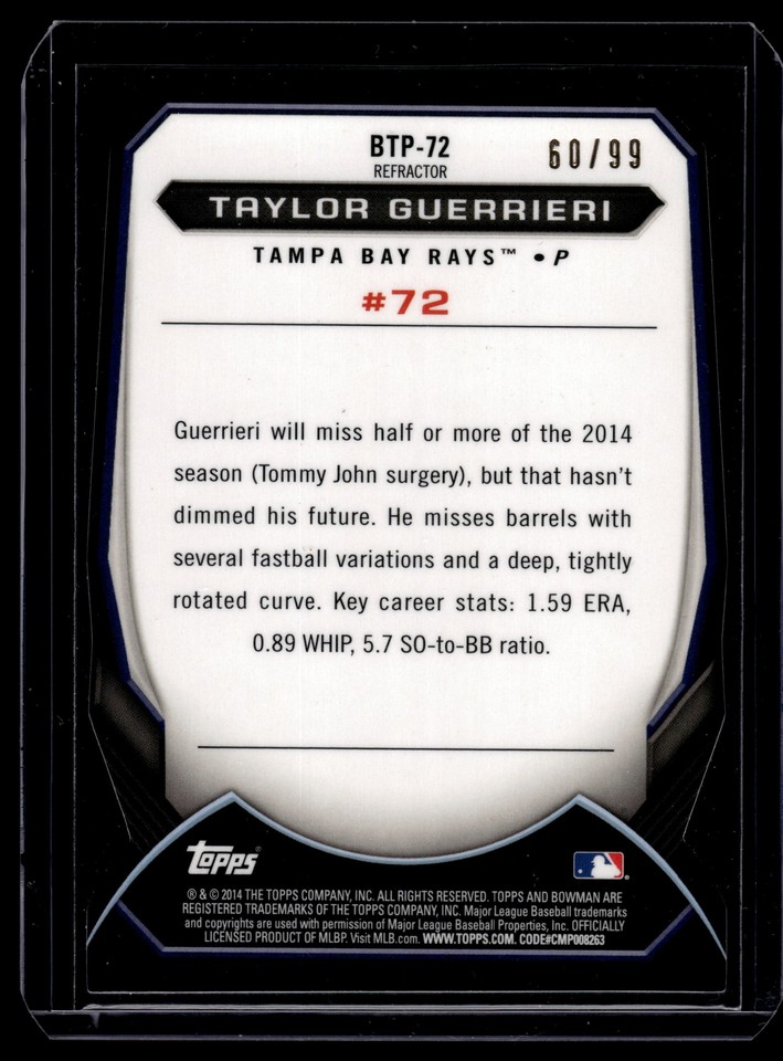 Taylor Guerrieri 2014 Bowman Chrome Top 100 Refractor Card 60/99 #BTP ...