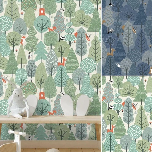 Muriva Wild Woodland Animals Scandi Trees Wallpaper Kids Nursery ...