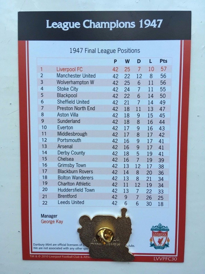 DANBURY MINT LIVERPOOL FC VICTORY PIN BADGE 1947 ENGLISH LEAGUE ...