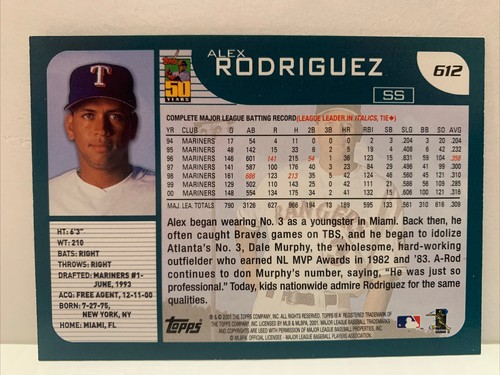 2001 Topps Baseball Alex Rodriguez Topps 50 Years Card #612 Mint | eBay