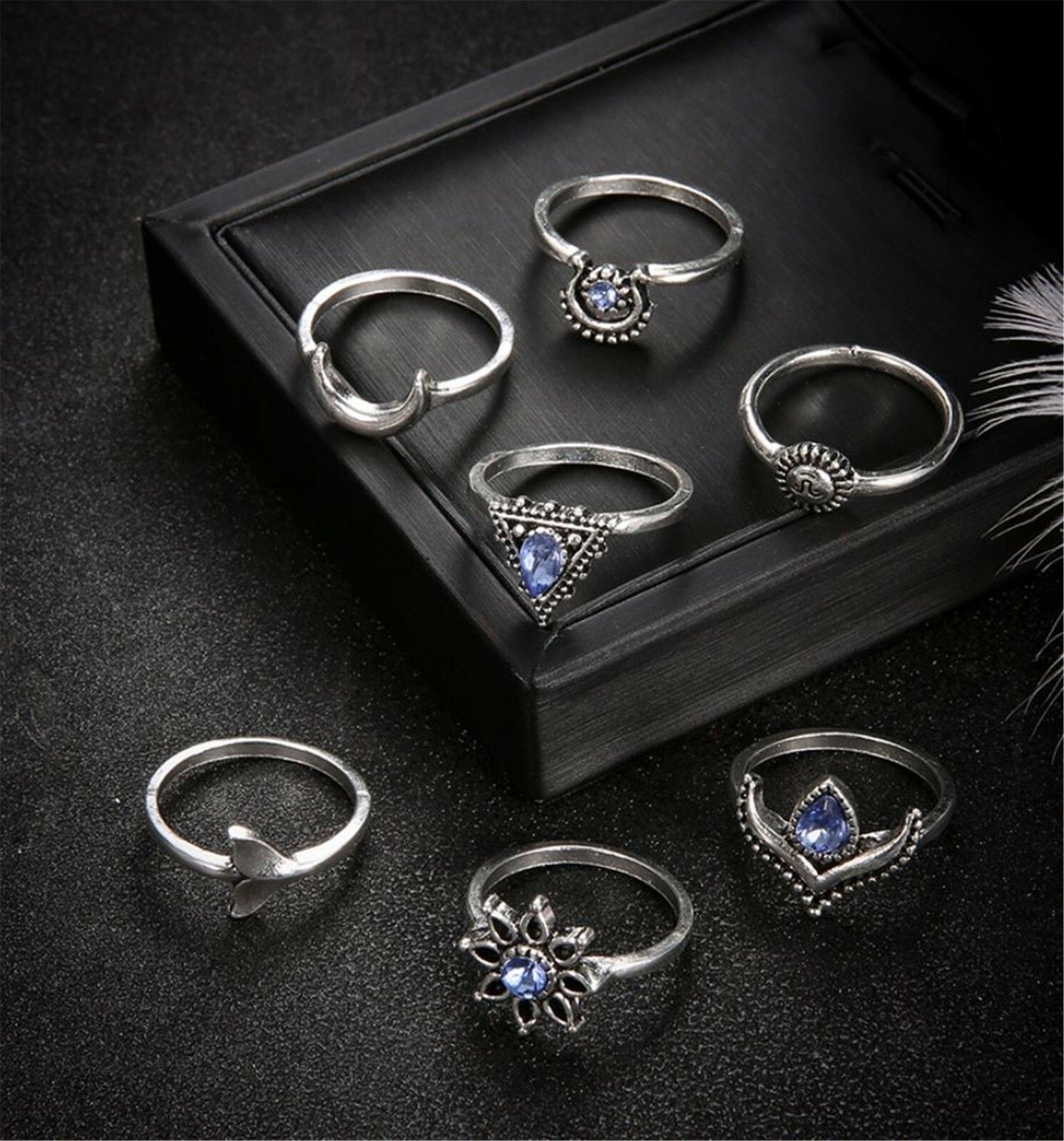 Women 7pc BOHO Silver color Retro Joint knuckle stacking Finger tip ...