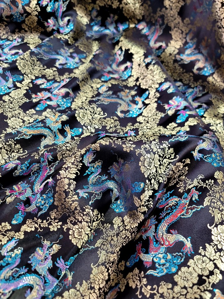 BLACK Chinese Dragon Brocade Jacquard Fabric BTY 60" W For Dress ...