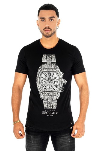 Avenue George V Paris Short Sleeve Black Men T-shirt Rhinestone Silver ...
