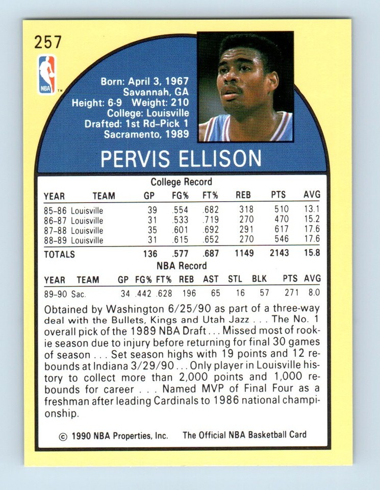 1990-91 Hoops Pervis Ellison Rookie Sacramento Kings #257 | eBay