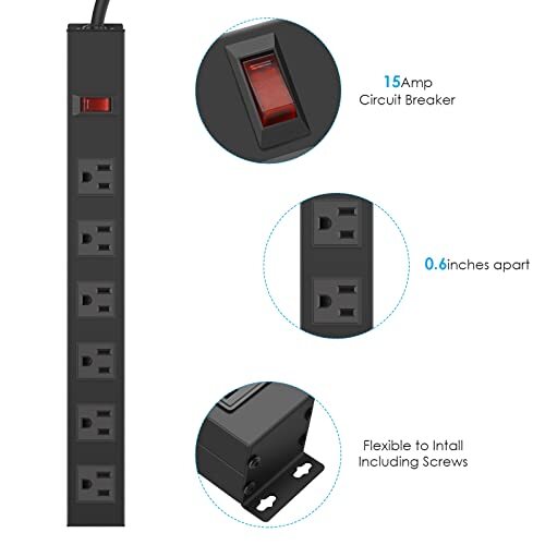 Metal Wall Mount Power Strip, Mountable Power Outlet with 6 AC 3FT 1 ...
