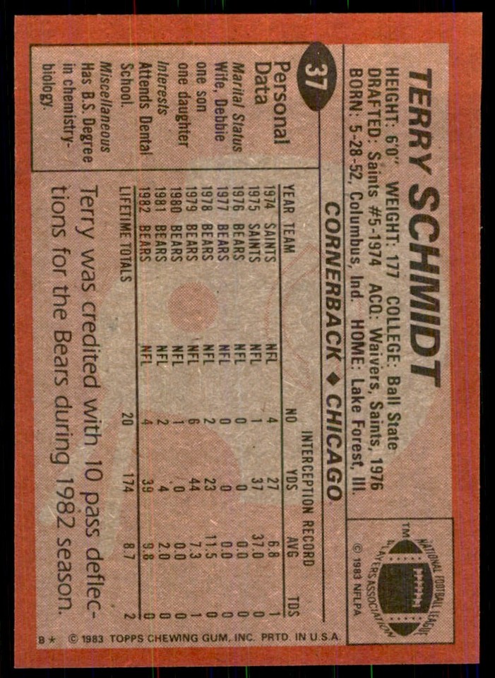 1983 TOPPS] TERRY SCHMIDT CHICAGO BEARS #37 | eBay