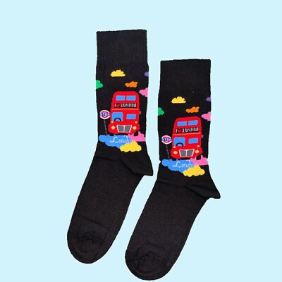 London Themed Socks - Bus Colourful Clouds - Funky Colourful Unisex ...