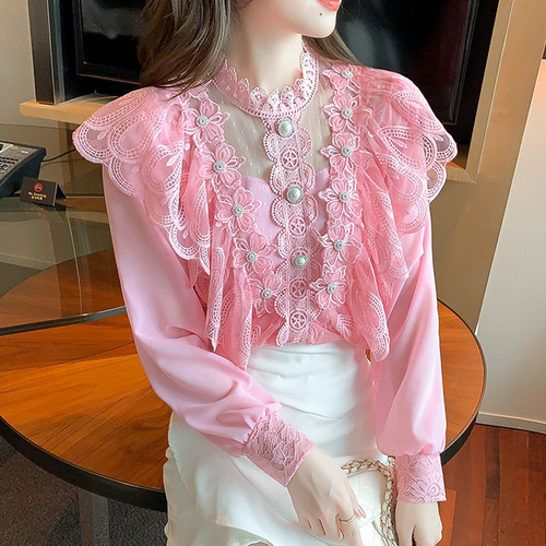 Women Lace Ruffle Shirt Floral T-Shirt Tops Pullover Beaded Mesh Blouse ...