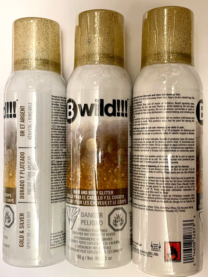 B WILD TEMPORARY GOLD & SILVER HAIR & BODY GLITTER SPRAY 100G/3.50Z 3 ...