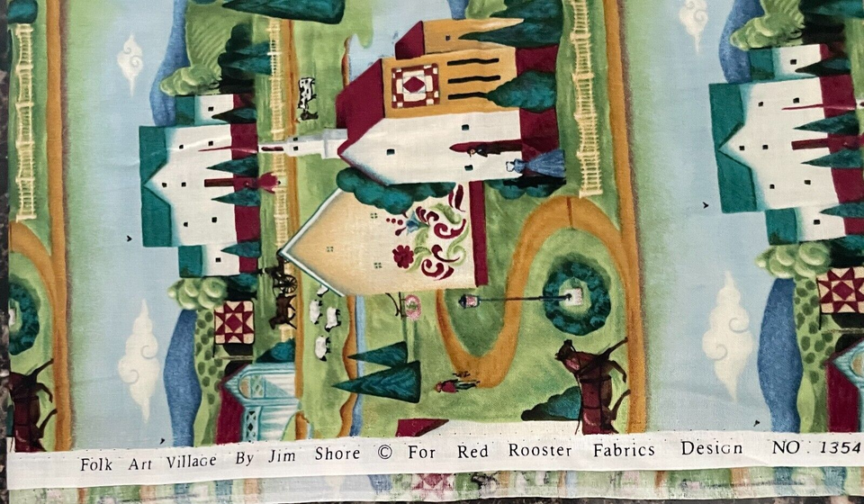 JIM SHORE Folk Art Village PRINT Cotton FABRIC Quilting Church Farm ...