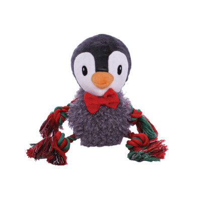Happy Pet Holly & Robin Festive Fluffy Rope Penguin Squeaky Stuffed Dog ...