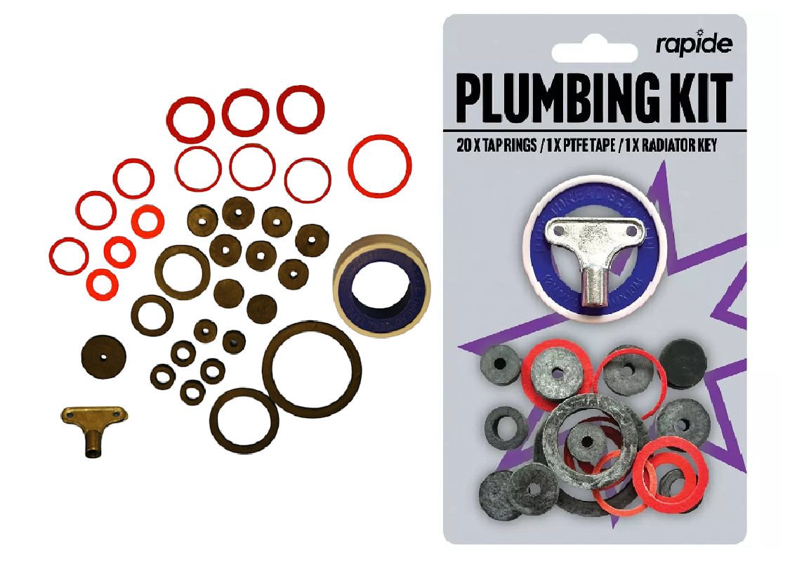 22pc Plumbing Kit Washers Tap Rings Radiator Key PTFE Sealing Tape DIY ...