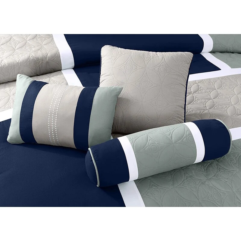 Navy Blue Green Beige Patchwork Block 7 pc Comforter Set Full Queen Cal ...
