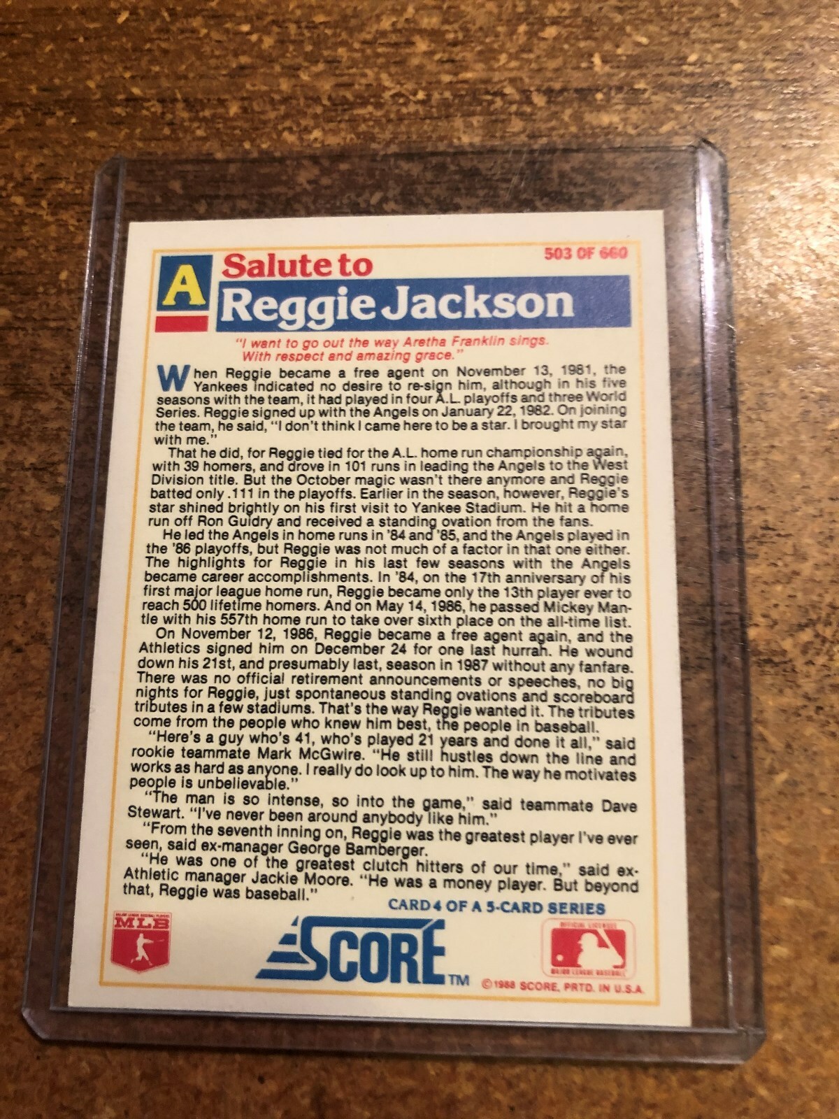 1988 Score Baseball # 503 Salute To Reggie Jackson 1982-1986 California ...