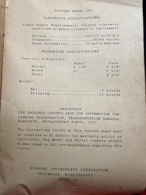 Vintage Supreme Model 565 Vacuum-Tube Voltmeter Tester Instrument ...