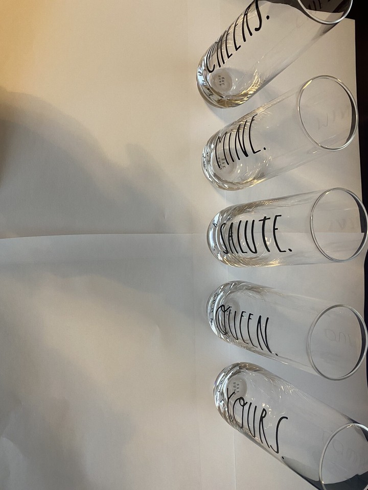 Rae Dunn Tall Glass Set “CHEERS. MINE. SALUTE. QUEEN. YOURS.” | eBay