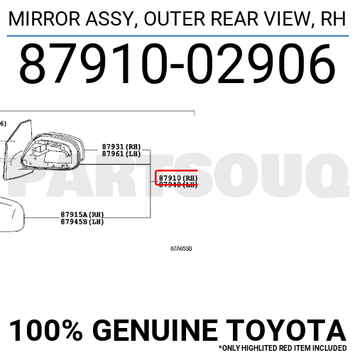 8791002906 Genuine Toyota MIRROR ASSY, OUTER REAR VIEW, RH 87910-02906 ...