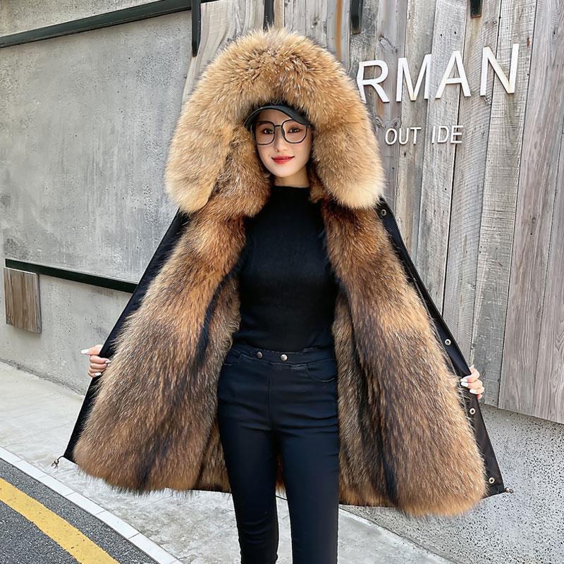 Women's Detachable Fur Lining Parka Jacket Winter Long Faux Raccoon Fur ...