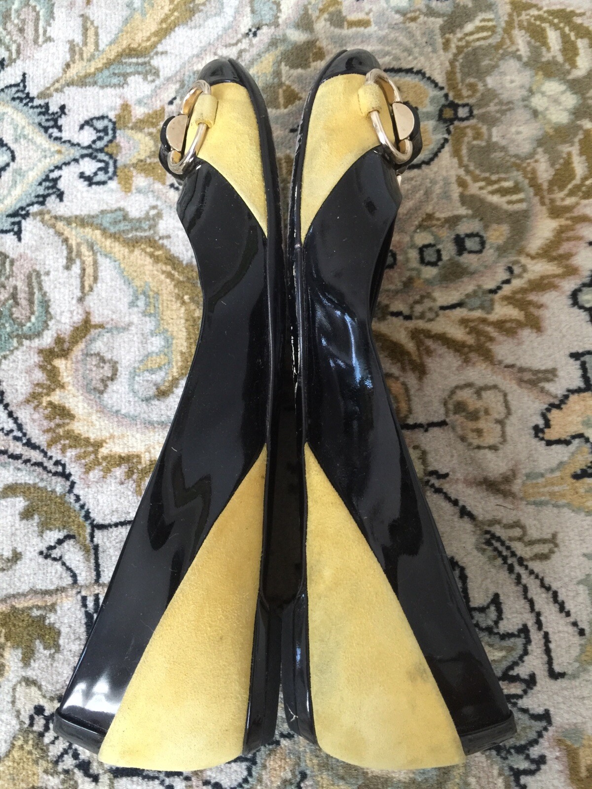 Gucci Yellow Black Patent Leather Gold Horsebit Balle… - Gem