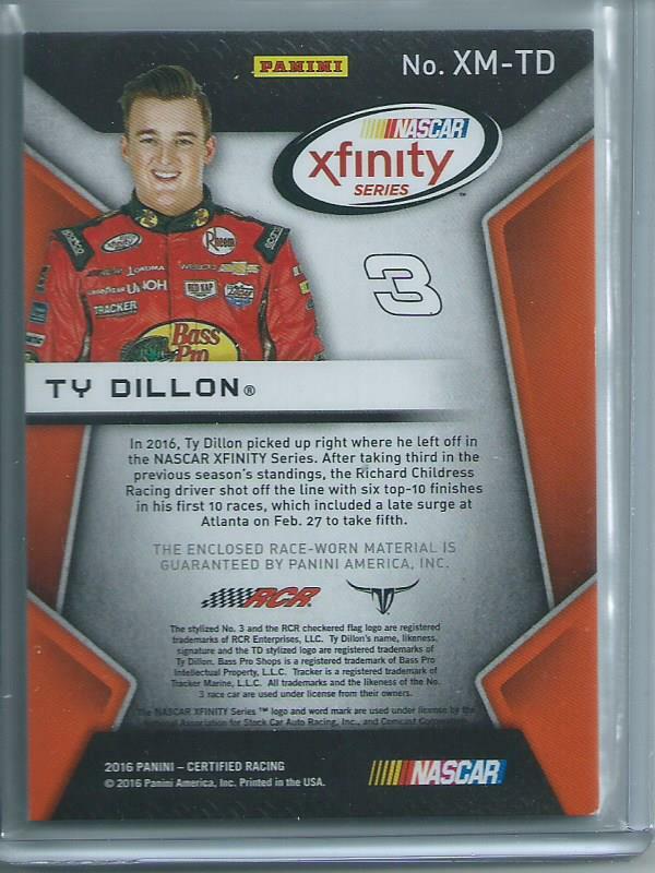 TY DILLON 2016 PANINI CERTIFIED XFINITY MATERIALS MIRROR SILVER ...