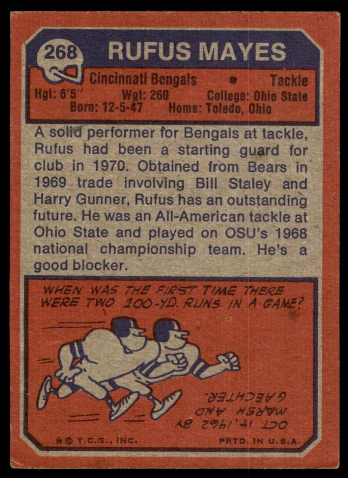 1973 Topps #268 Rufus Mayes RC Cincinnati Bengals | eBay