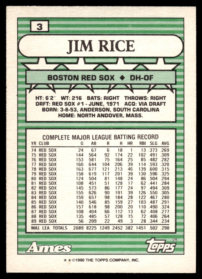 1990 Topps Ames All-Stars Jim Rice #3 Boston Red Sox Baseball Card | eBay