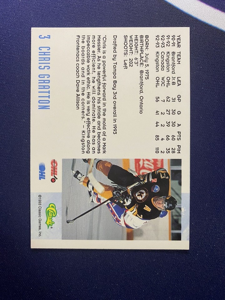 1993-94 Classic Hockey Draft #3 Chris Gratton Autograph Tampa Bay ...