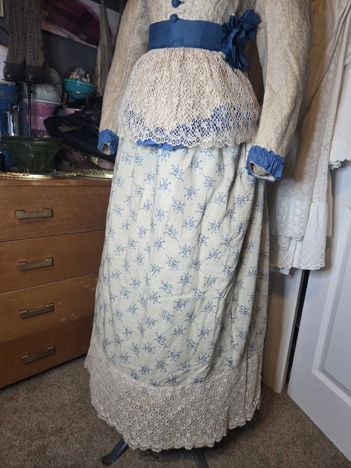 1850s Victorian 4pc Beige/Teal Cotton Blend Visiting Dress w/ Peplum ...