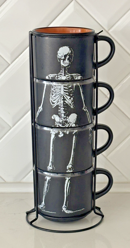 x4~Stacking Skeleton Mug Set w/Stand~Prima Design~Black & Orange ...