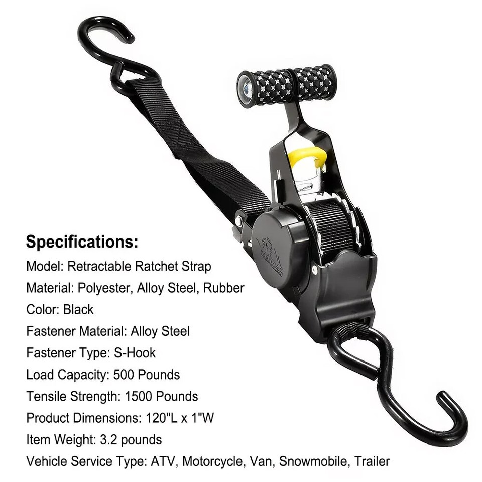 Auto Retractable Ratchet Strap 1" x 10' | 1500lb Break Strength | Heavy ...