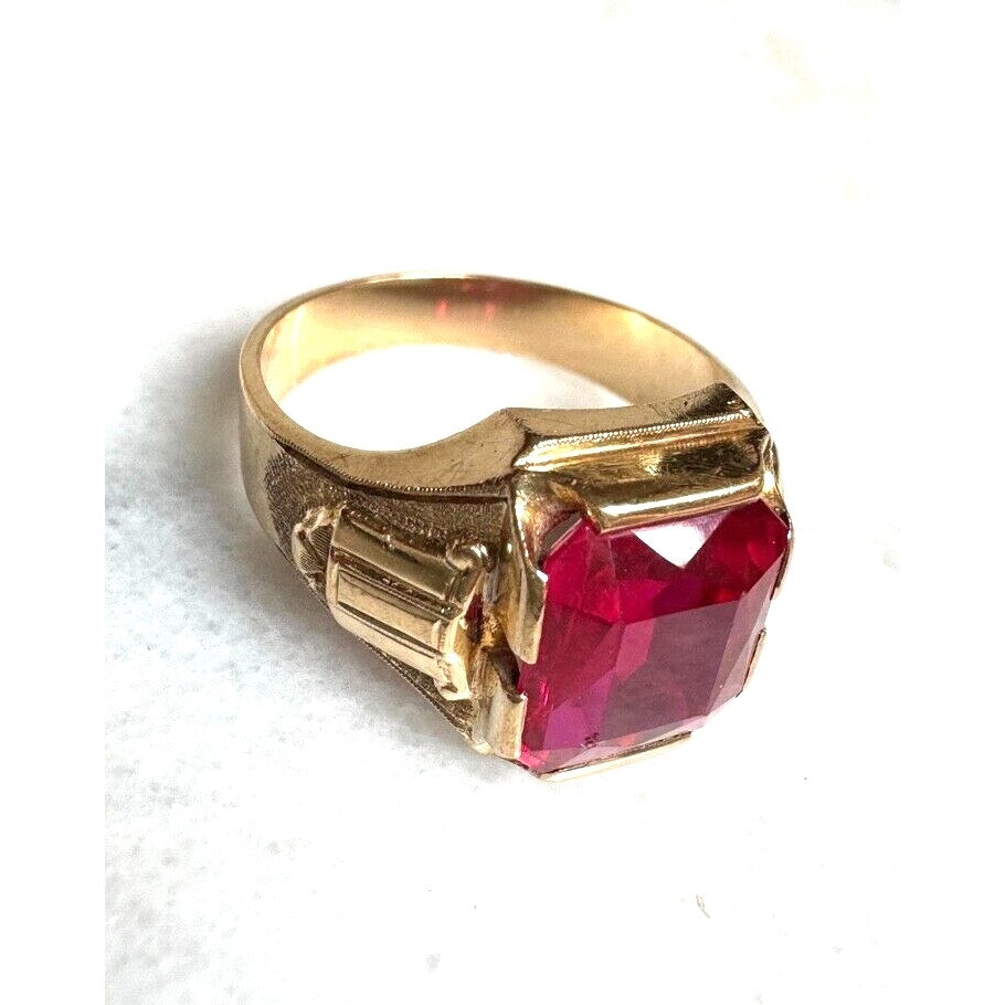 MENS ART DECO YELLOW GOLD AND LAB-CREATED RUBY SIGNET RING SIZE 10.25 ...