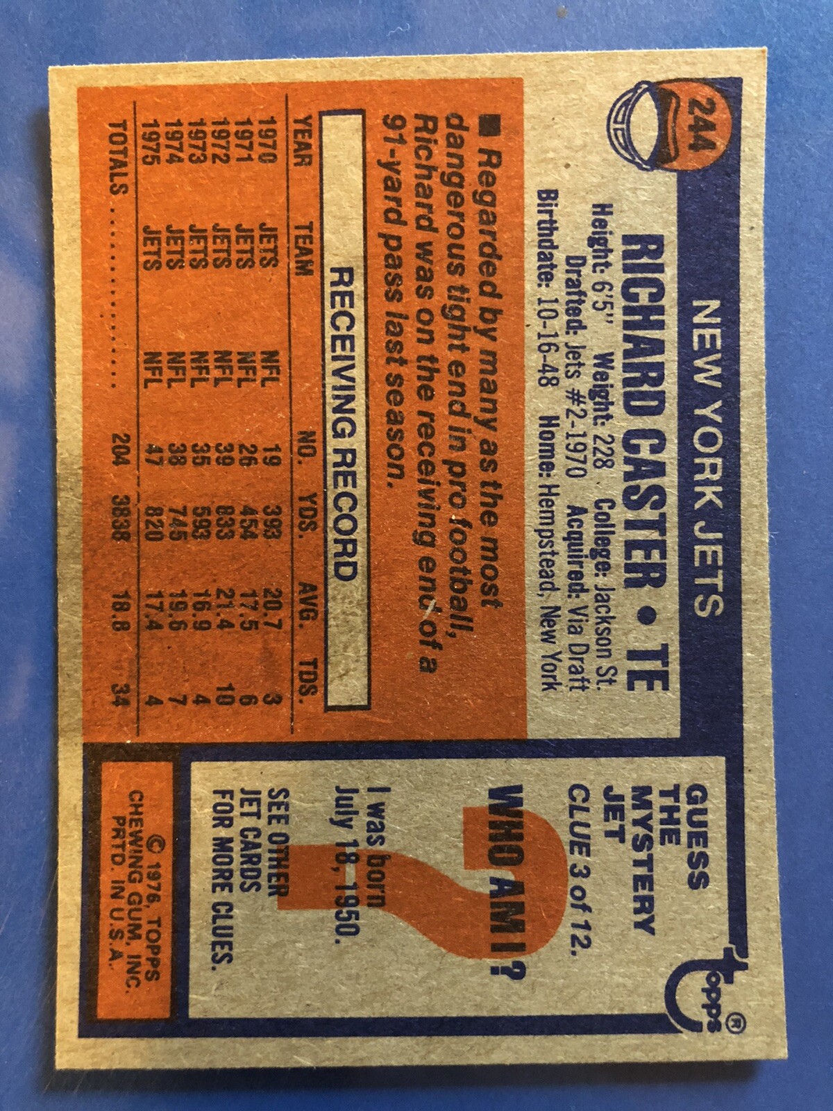 1976 Topps Football #244 Richard Caster New York Jets | eBay