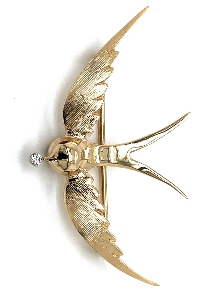 Flying Swallowtail Bird Pin Brooch 14k Yellow Gold Ruby Diamond F VS2 ...