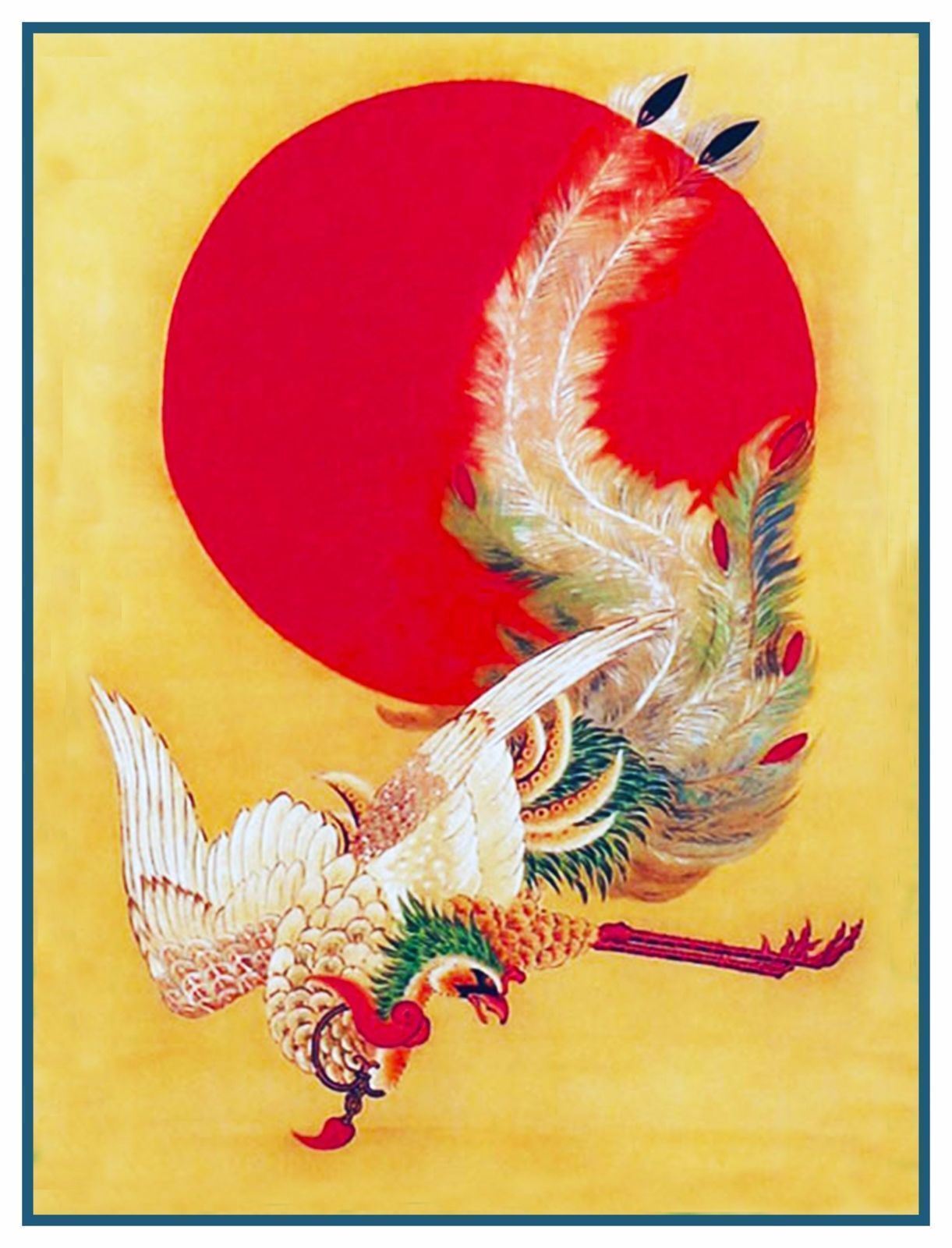 Japanese Phoenix in Red Sun by Asian Ito Jakuchu Counted Cross Stitch ...