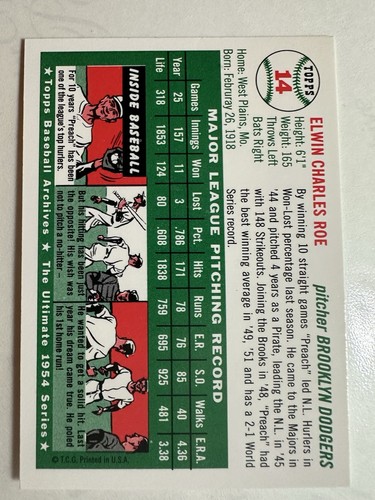 PREACHER ROE (Dec.) Signed 1954 Topps Archives 1994 #14 Dodgers ...