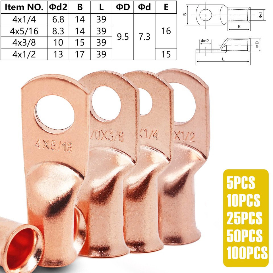 Bare Copper Cable Wire Lugs Ring Terminals 8-4/0 AWG Battery Wire ...